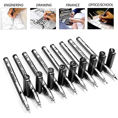 Precision Micro-Line Pens, Set of 9 Black Micro-Pen Fineliner Ink Pens, Waterproof Archival ink, Multiliner, Sketching, Anime, Artist Illustration, Technical Drawing, Office Documents