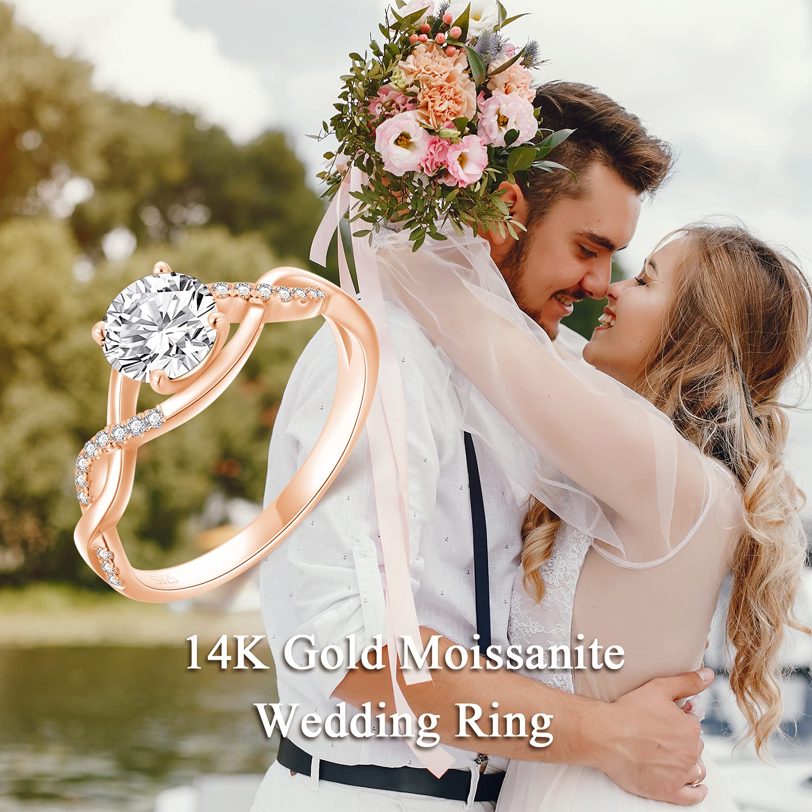 SISGEM 14K Gold Wedding Ring for Women,Split Shank Pave Set 1 Carat Moissanite Engagement Ring With Engraved Name,Wedding Anniversary Size 5-11 (14K Rose Gold-(Regular), 8)