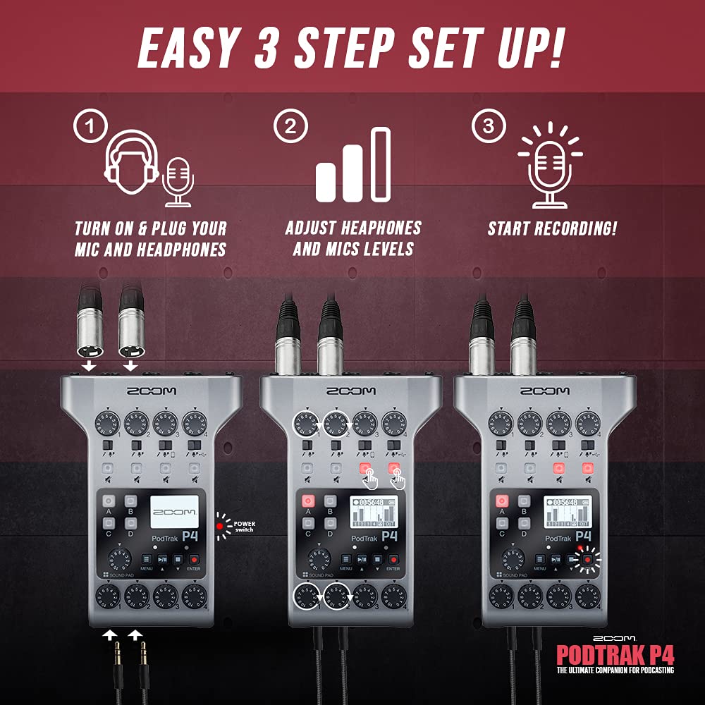 Zoom PodTrak P4 Portable Multitrack Podcast Recorder Bundle w/ 4 Ins/ 4 Outs + Audio D38X3 Microphone 3 Pack + 3X R100 Stereo Headphones + 64GB Memory Card + Mic Stand + Pro Audio XLR Cable and more