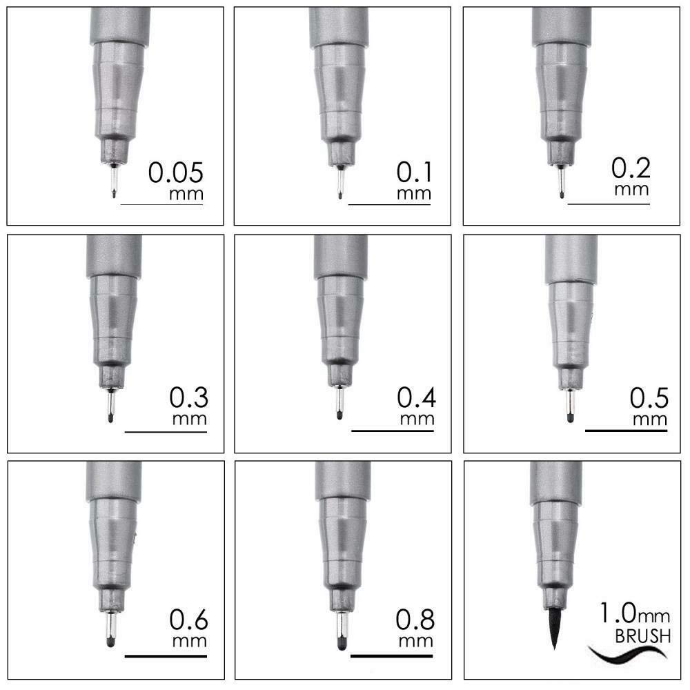 Precision Micro-Line Pens, Set of 9 Black Micro-Pen Fineliner Ink Pens, Waterproof Archival ink, Multiliner, Sketching, Anime, Artist Illustration, Technical Drawing, Office Documents