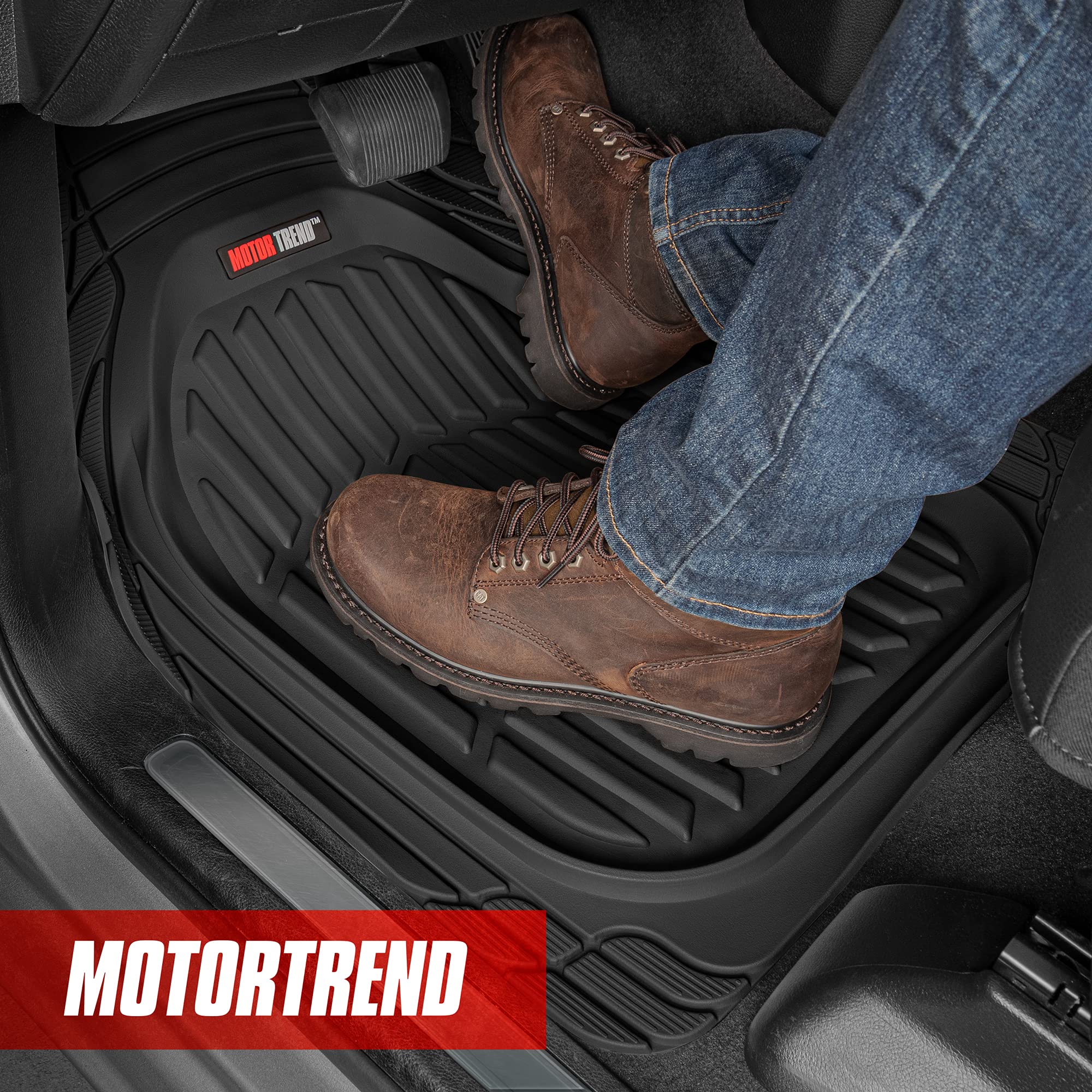 Motor Trend MT-921-BK FlexTough Tortoise - Heavy Duty Rubber Floor Mats for Car SUV Van & Truck - All Weather Protection - Deep Dish (Black)