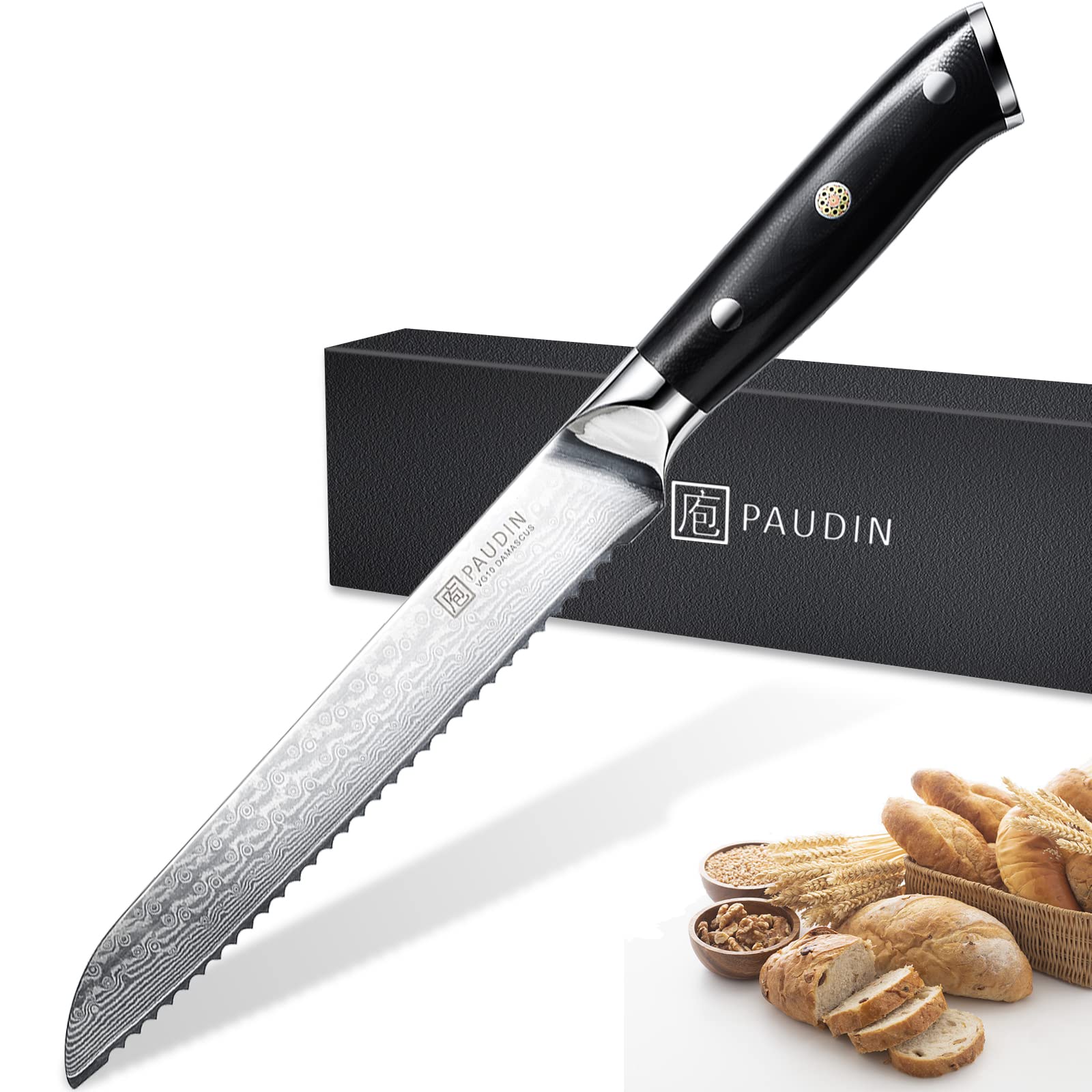 PAUDIN Bread Knife Serrated Damascus Bread Knife 8 inch,Super Sharp Edge and 67-Layer Forged Blade, Professional Bread Knife with Full Tang Ergonomic Micarta Handle, VG-10 Cake Knife for Toast