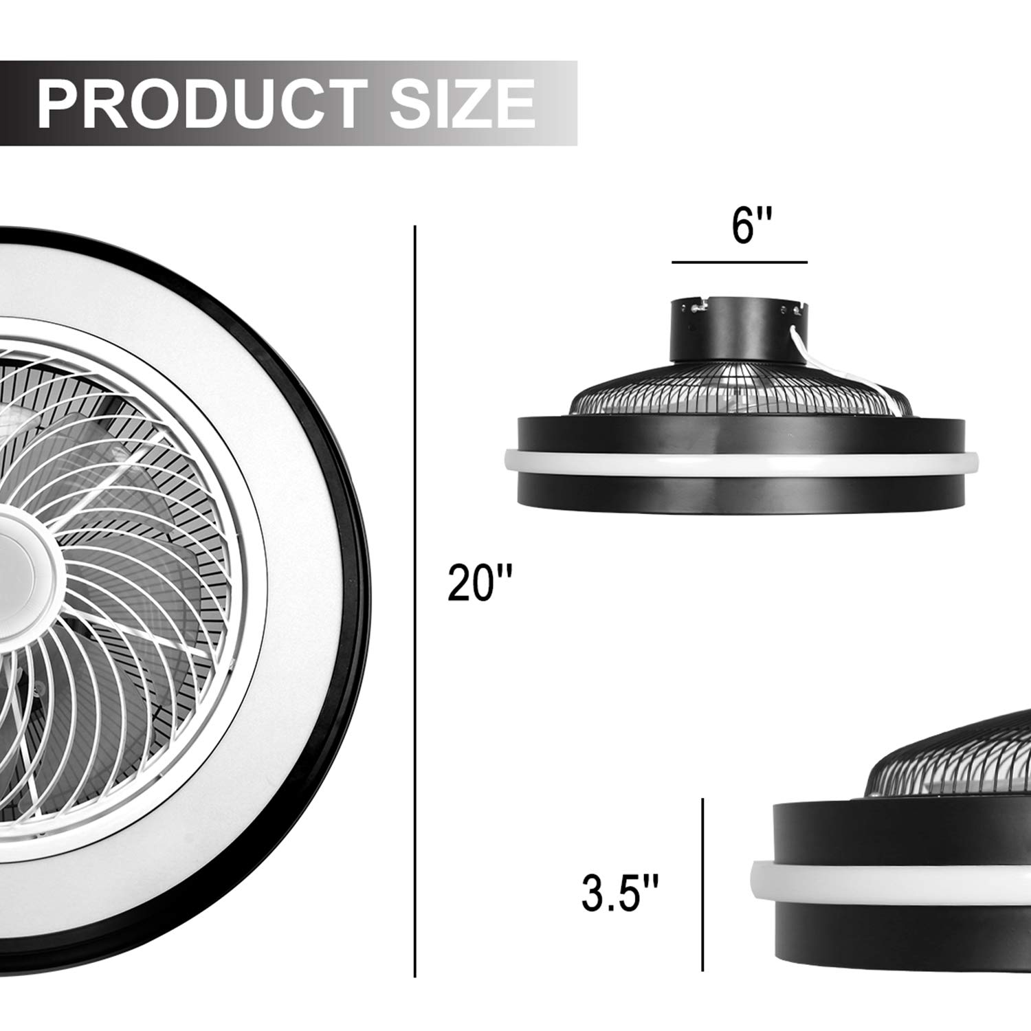 SHENGQINGTOP Modern LED Enclosed Ceiling Fan with Lights Remote Control 40W 20 Inches Round Flush Mount Low Profile Ceiling Fan, 7 Blades, 3 Color changeable, 3 Speed, Timing, Black