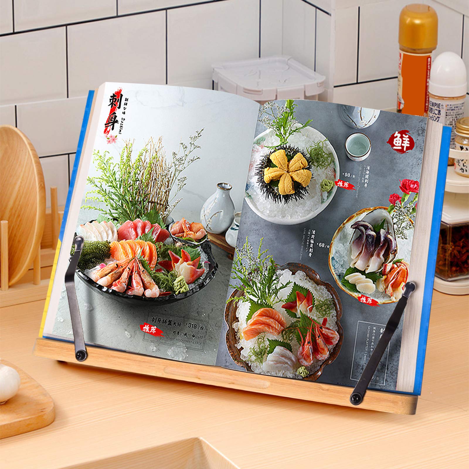 wishacc Bamboo Book Stand Cookbook Holder with 5 Adjustable Height 13.2 x 9.2"