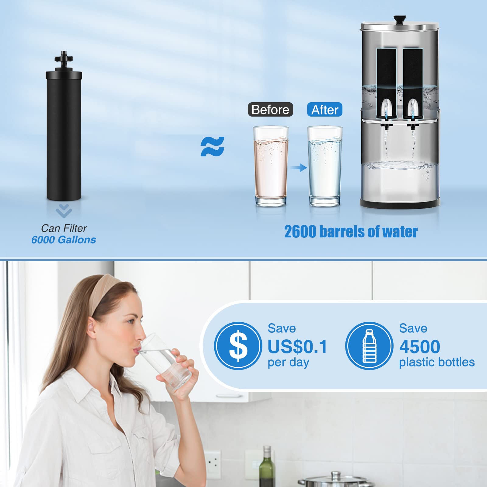 Water Filter Replacement Compatible with Berkey Water Filter System, BB9-2 Replacement Filter Compatible with Berkey Big, Light, Imperial, Travel, Crown, Royal Series (2 Pack)