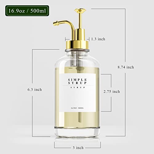 TIMIFTE Coffee Syrup Dispenser for Coffee Bar Accessories,Coffee Pump Dispenser, Glass Syrup Bottle with Gold Pumps and 42 Labels, 16.9 oz 500 ml (4 Pack)
