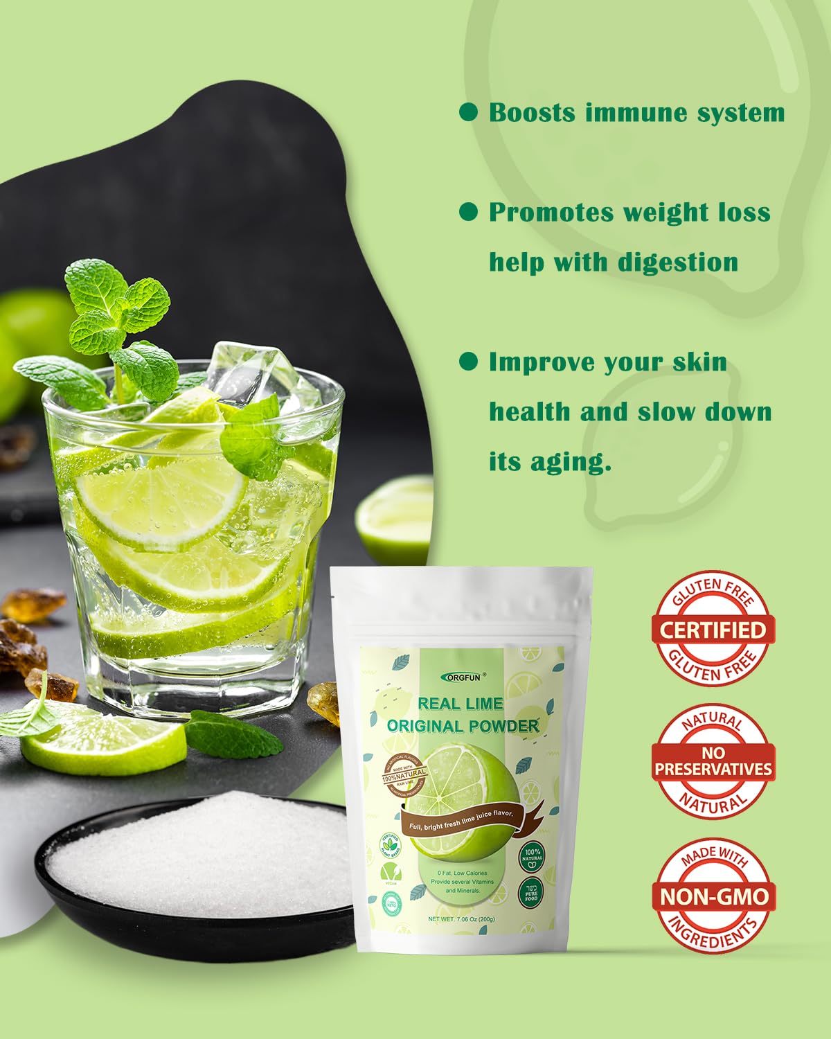 ORGFUN Original Lime Powder, Whole Lime Juice Freeze Dried Powder, Fresh Squeezed Lime Juice Prefer for Cocktails, Drinks, Smoothies, and Cooking 7.06 Oz