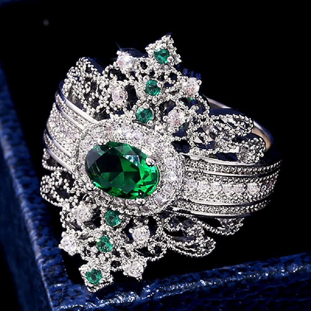 SCHZBSP 18K white gold plated royal noble emerald ring cubic zirconia ring vintage style crystal diamond ring 925 sterling silver ladies engagement wedding ring set (6)