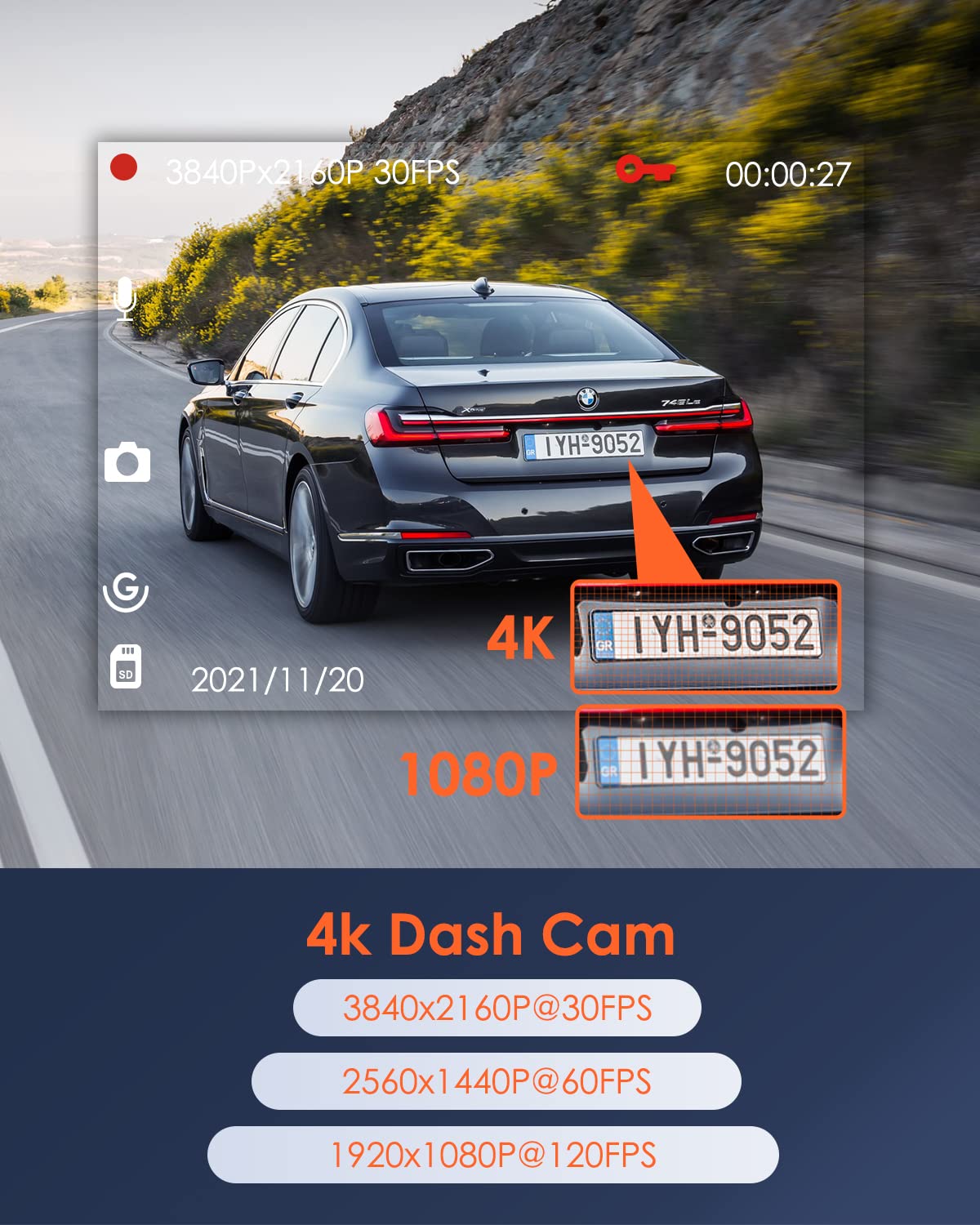 Vantrue X4S Real 4K 5G WiFi Dash Cam, 2160P Car Camera with Free App, 24/7 Parking Mode, Night Vision, Optional GPS, Motion Detection, Collision Detection, 1080P@120FPS, Capacitor, Support 512GB Max