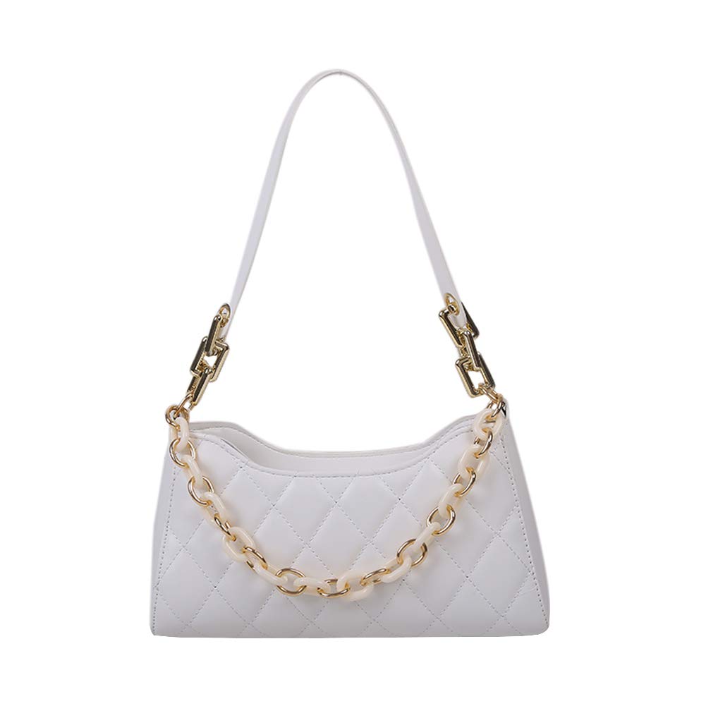 Women Chain Handbags Solid Lattice Pattern Travel Simple Shoulder Underarm Bag, White, 21 x 18 x 5cm