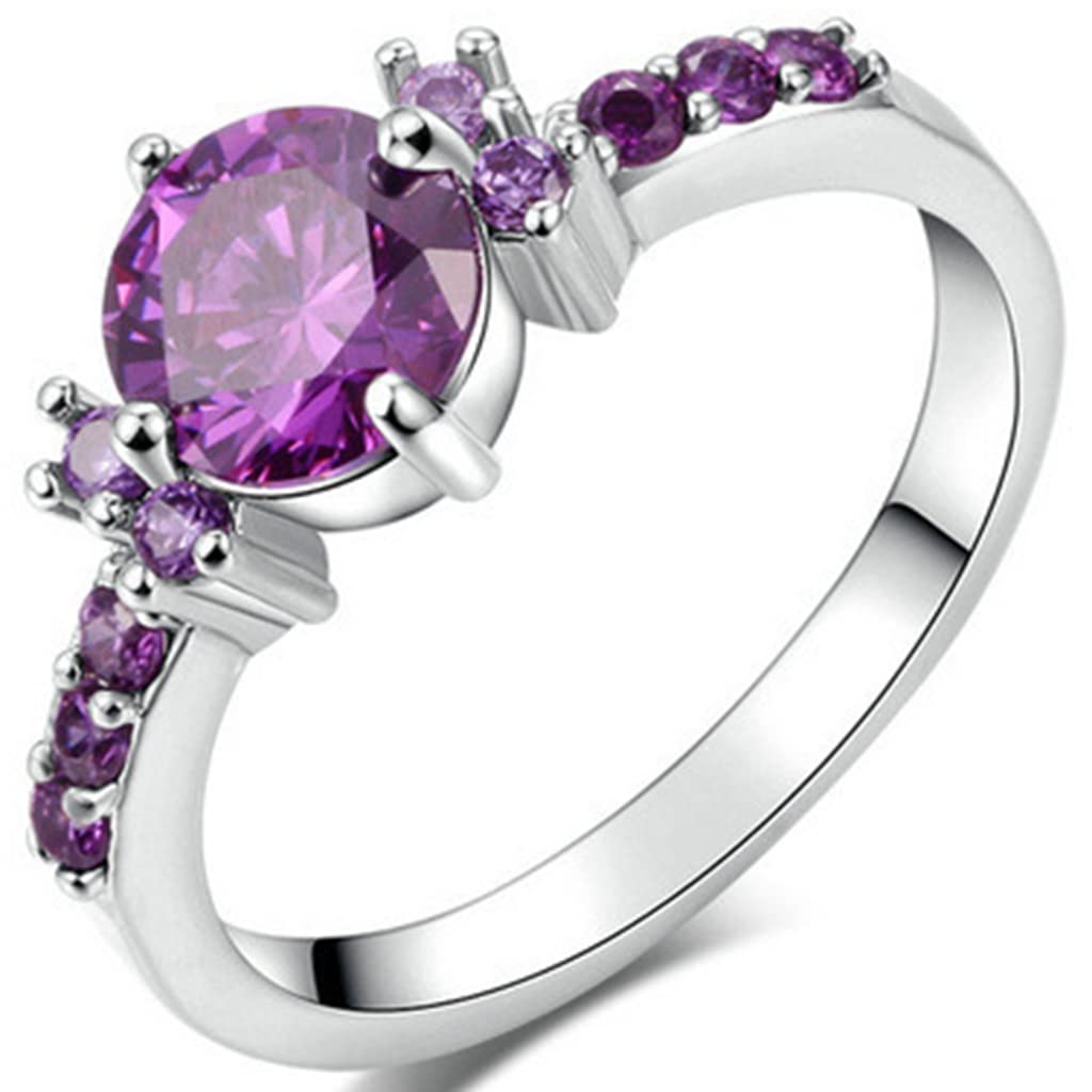 Platinum Plated Purple Cubic Zircon Stone Wedding Engagement Solitaire Proposal Anniversary Ring (Silver Purple, 10)