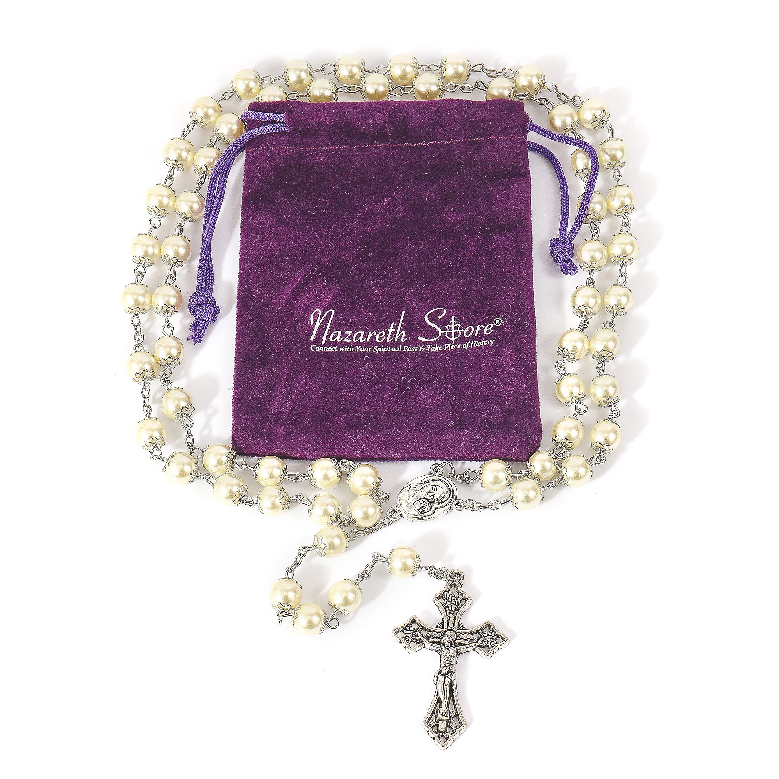 Nazareth Store Pearl Cream Beads Rosary Necklace Holy Soil Medal and Cross Catholic Rosaries for Women, Men