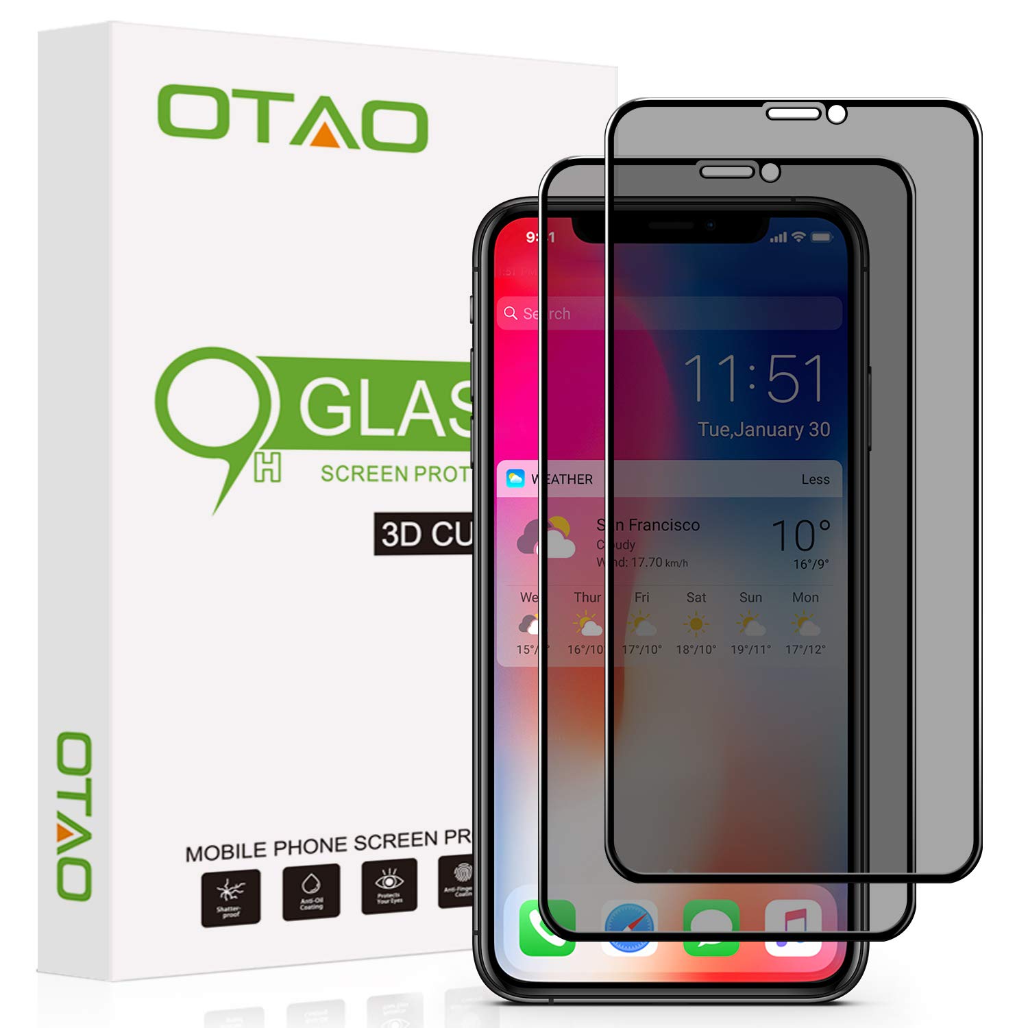 OTAO Privacy Screen Protector for iPhone 11/iPhone XR 6.1inch True 28°Anti Spy Tempered Glass Full-Coverage (2 -pack)