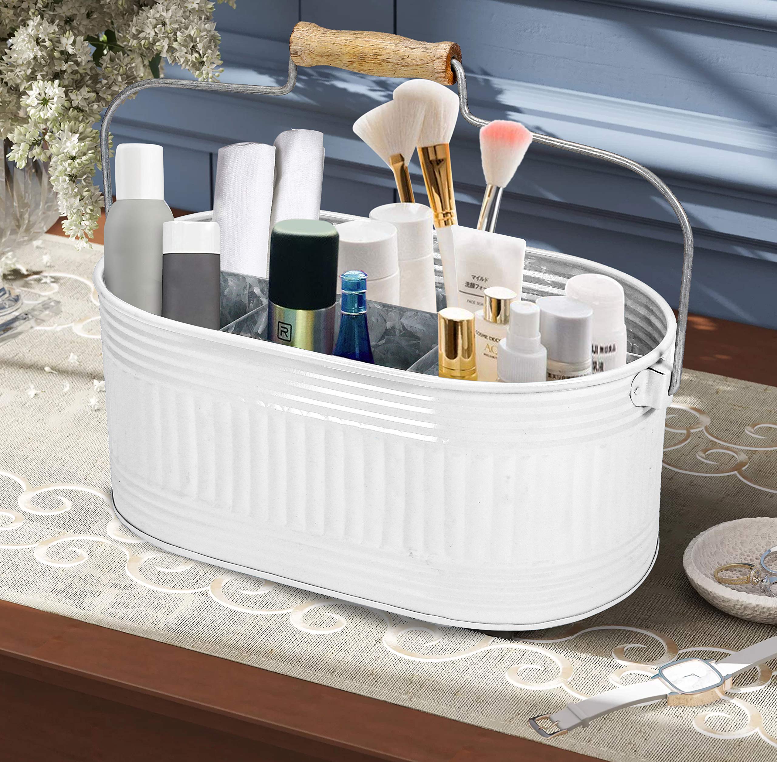 Utensil Caddy, Silverware Caddy Party, Silverware Caddy, Picnic Caddy, Flatware Caddy, Paper Plate Caddy, Galvanized Utensil Caddy, Metal Caddy, Outdoor Utensil Caddy - 13.5 Inches - Salt White/Grey