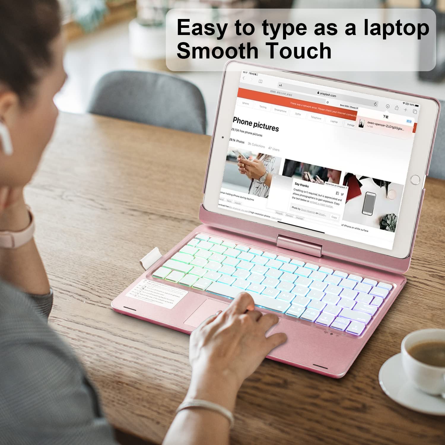 ONHI 360 Rotatable 7 Colors Back-lit Wireless Keyboard Case for New 10.2" iPad 9 th Gen,iPad 8th &7th Gen, Air 3, Pro 10.5(Rose Gold)