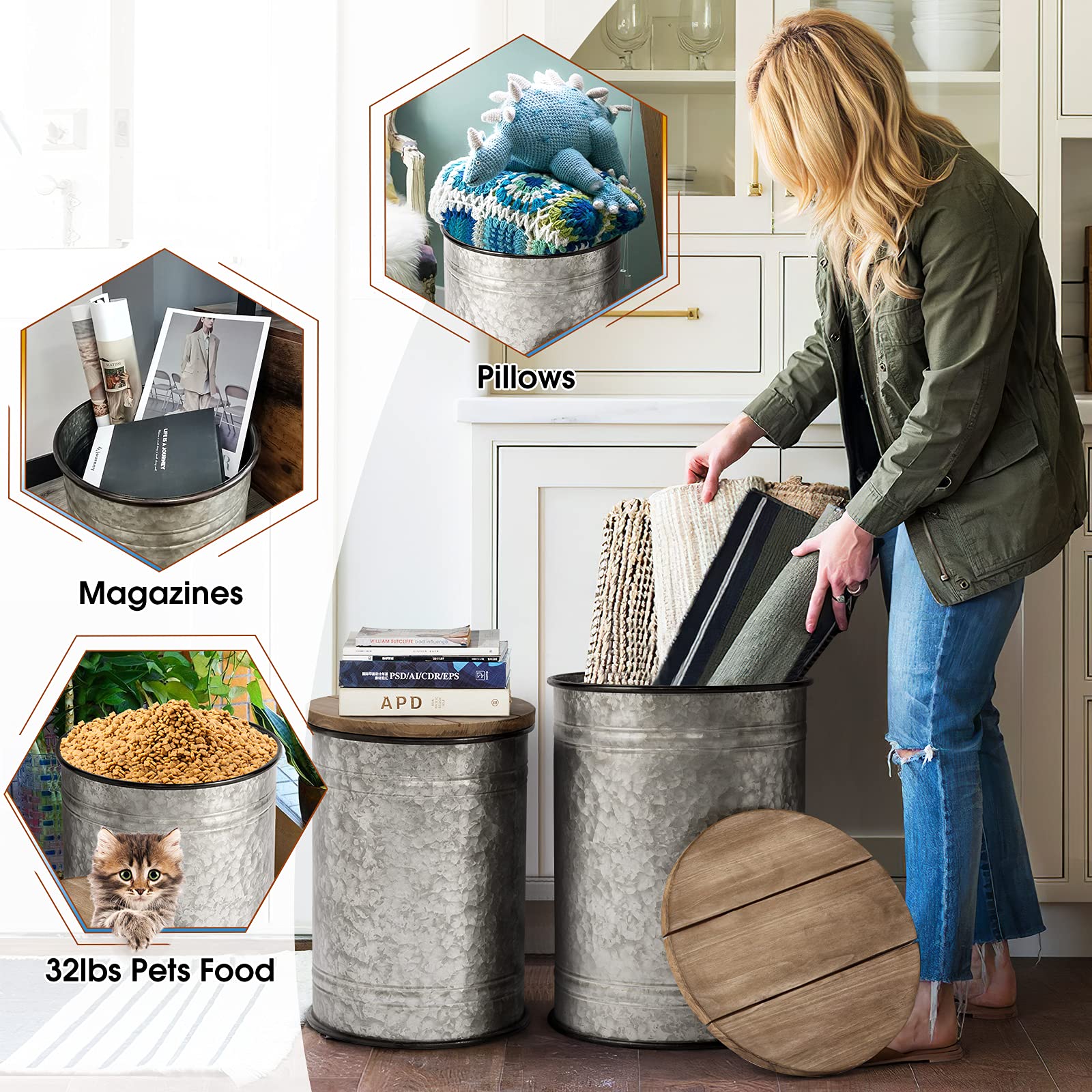 oneinmil Rustic End Table with Storage Bins Farmhouse Furniture Galvanized Metal Stool Ottoman Seat with Round Wood Lid Set of 2