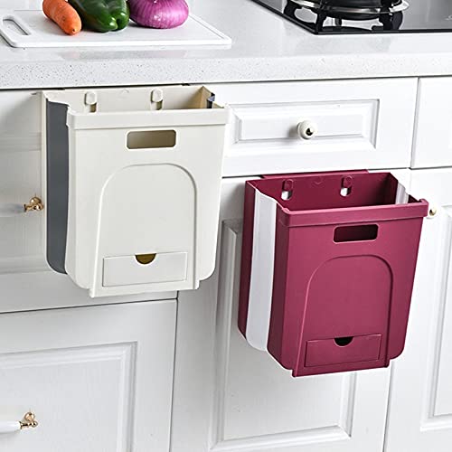 MYRRHE Cans, Kitchen Folding Waste Bin Cabinet Door Hanging Trash Can Garbage Can Car Foldable Trash Bin with Drawer Toilet Trashcan (Color : Creamy-White)