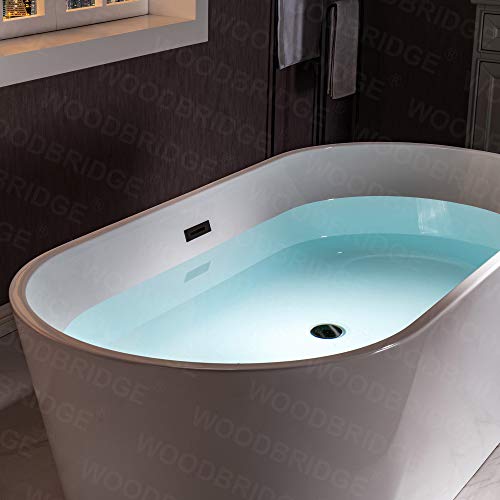 WOODBRIDGE 59" Acrylic Freestanding Bathtub Contemporary Soaking White Tub with Matte Black Overflow and Drain,B0014-MB-Drain &O