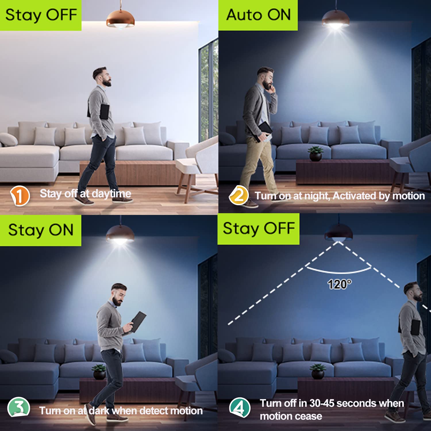 Motion Sensor Light Bulbs, PIR Movement Activated Dusk to Dawn Outdoor Light Bulb Auto on/off 12W (100Watt Equivalent) A19 E26 6000K Cool White for Front Door Porch Garage Basement Hallway 2Pack