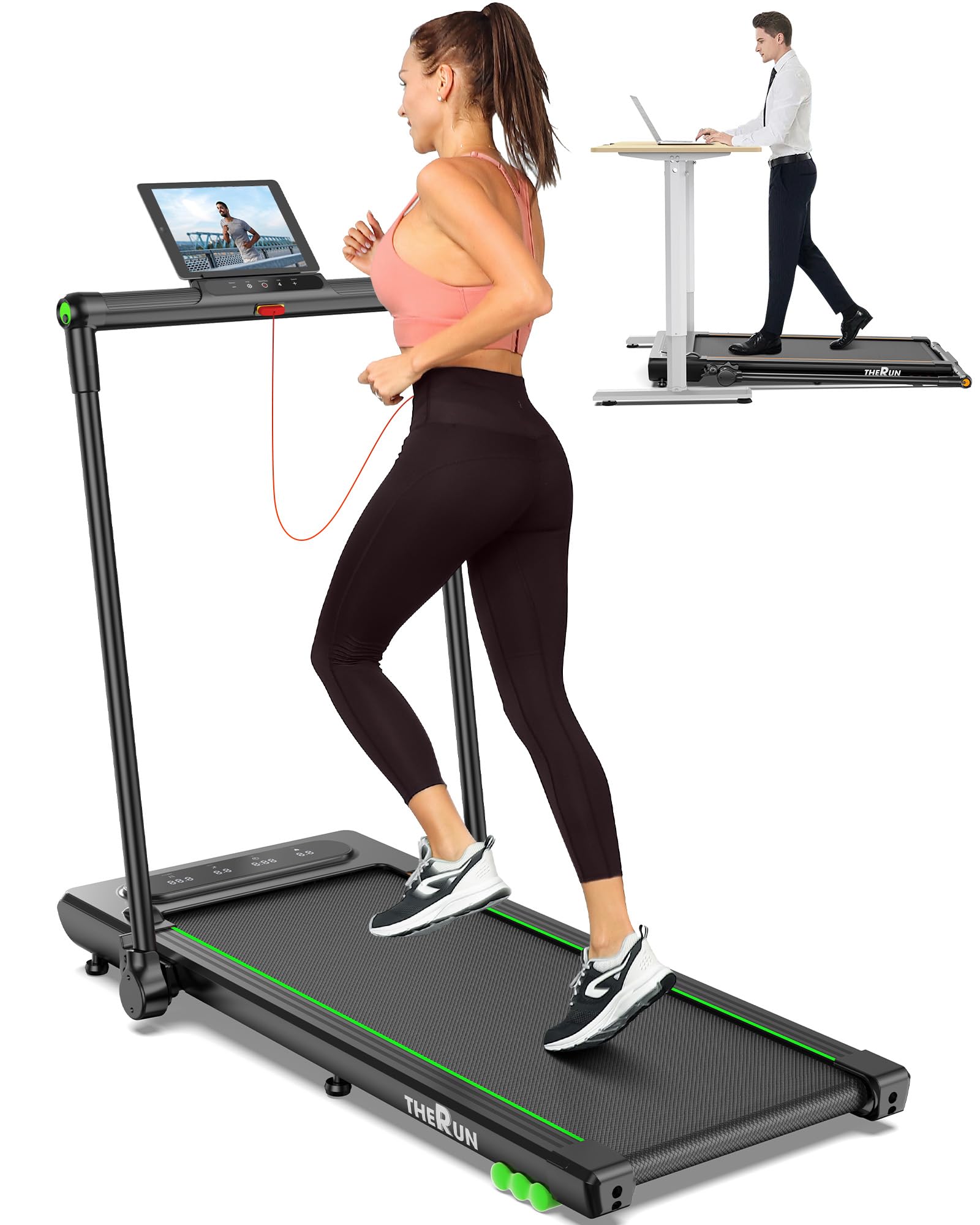 THERUN 2.5HP Treadmill, 2 in 1 Under Desk Walking Pad Treadmill, Electric Compact Space Folding Treadmill for Home Office with LED Touch Screen 0.6-7.6MPH Wider Running Belt, No Assembly Needed