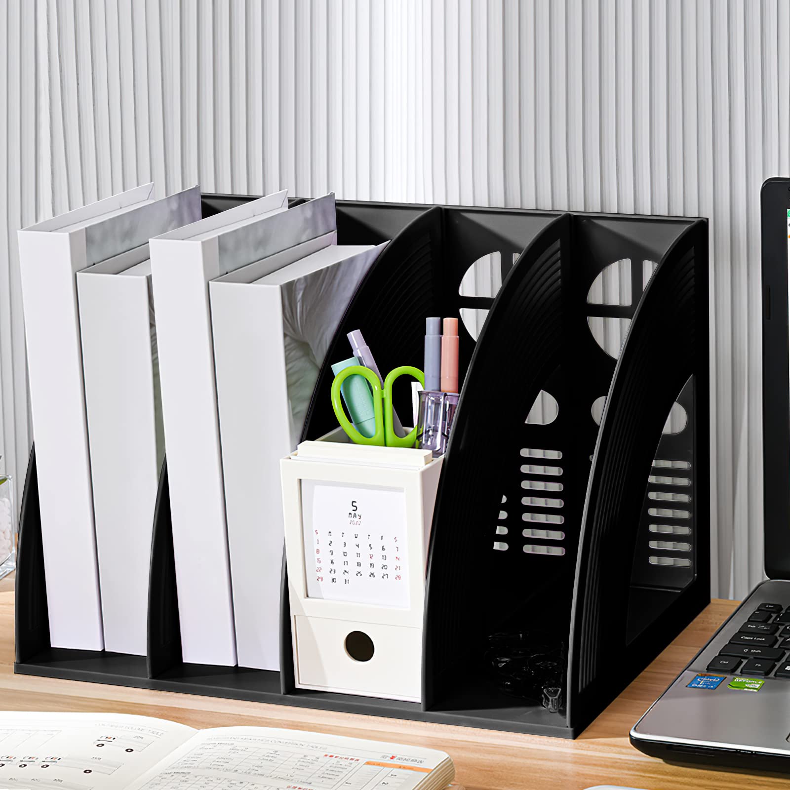 SAYEEC File Holder Storage Folder 4 Compartment Standing Desktop Hollow Organizer Black File Shelf Frame Thicken Plastic Paper Notebook Magazine Bookstore for Office School Supplier Students