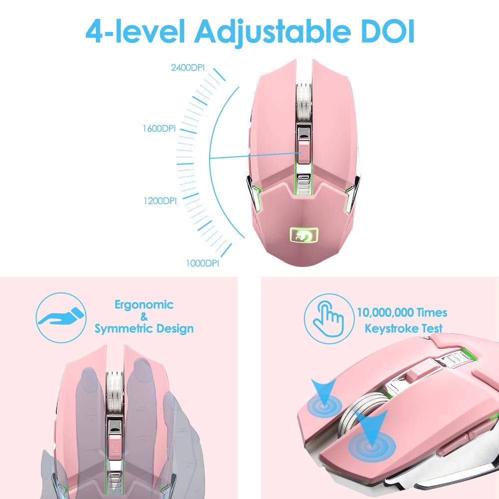 Pink Wireless Gaming Keyboard and Mouse Wired Headphones and Mice pad Backlight Bundle 2.4GHz Rechargeable Retro Keyboard and Rainbow Blacklit Mouse with 3D Stereo Gaming Headset for Laptop, PC