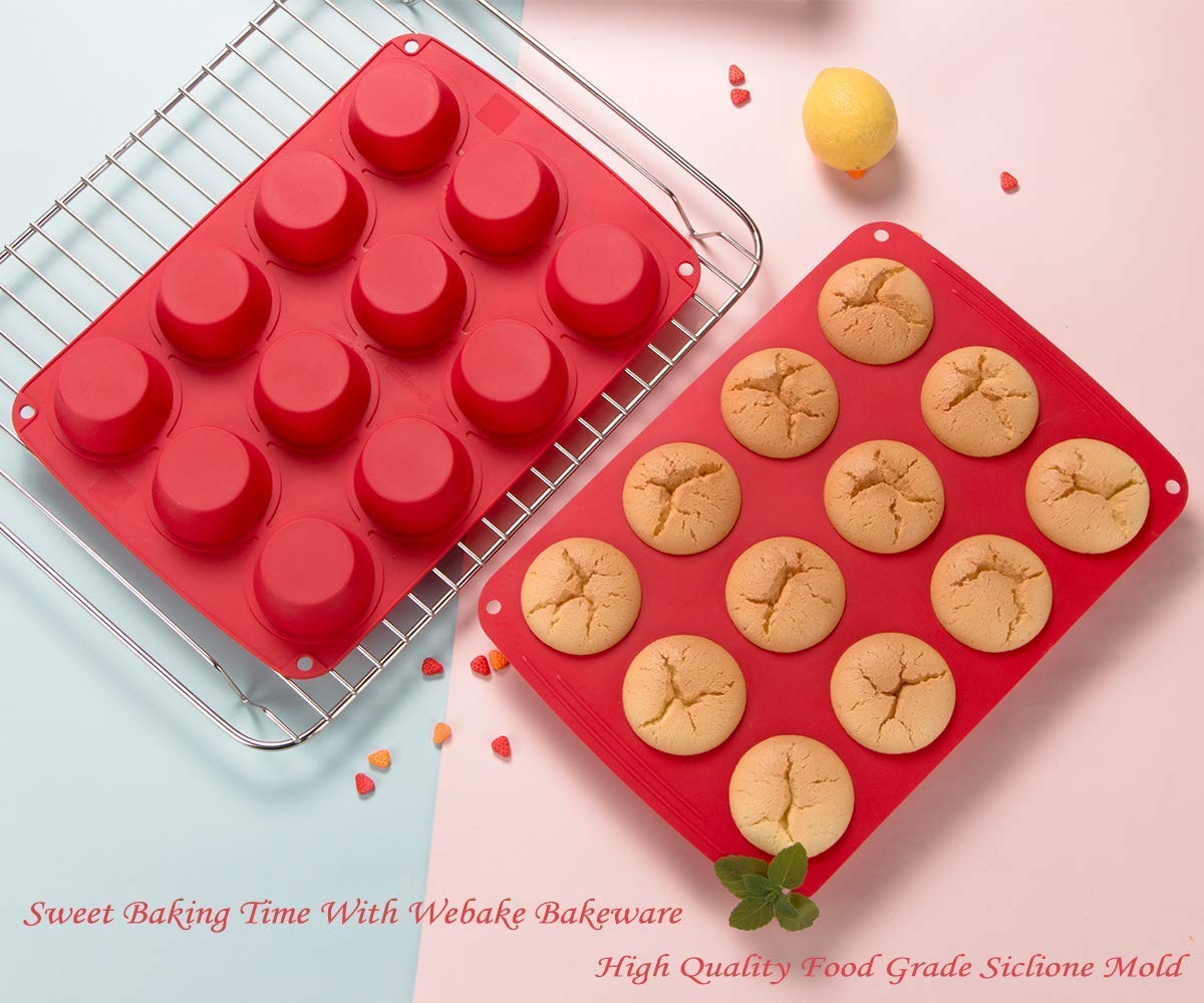 Webake Muffin Pan 12 Cup, European Silicone Cupcake Pan, Nonstick Muffin Tray Cupcake Liner Egg Muffin Tin, 2 Pack Baking Molds Silicone Bakeware