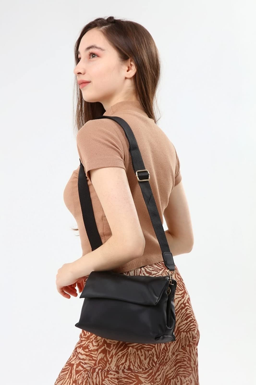 Women Fabric Nylon Crossbody Bag Ladies Travel Handbag (Black)