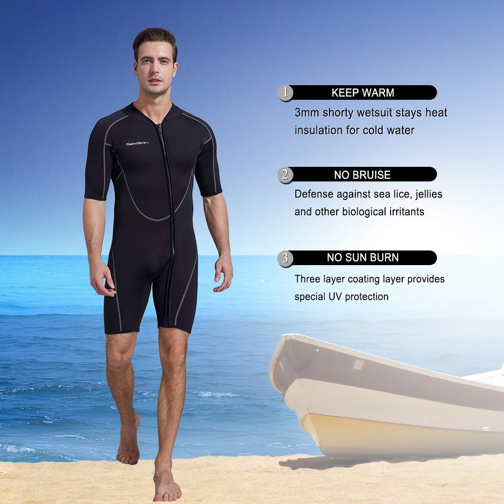 Seaskin 2 Pieces Shorty Wetsuit, 3mm Mens Medium Size and Womens Small Size Diving Suit Front Zip Wetsuit for Diving Snorkeling Surfing Swimming