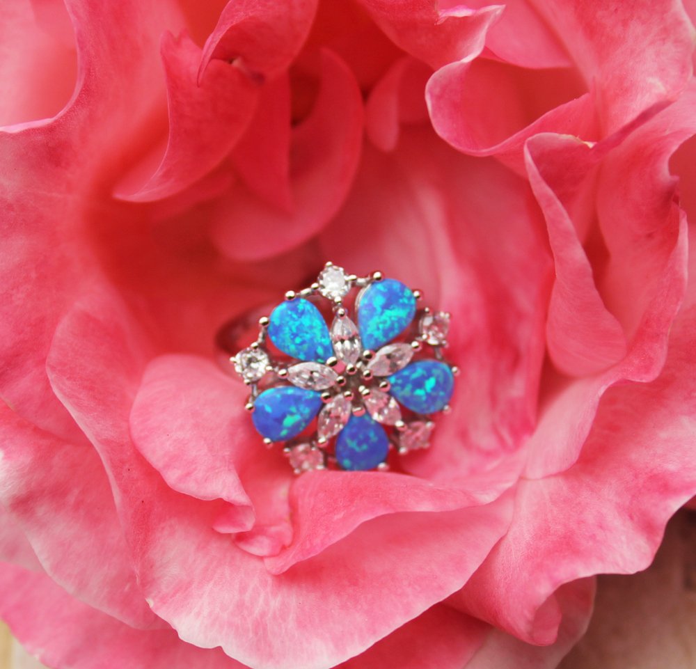 Oxford Diamond Co Gorgeous Lab Created Blue Fire Opal & Cubic Zirconia Flower .925 Sterling Silver Ring Sizes 8 SRO16905