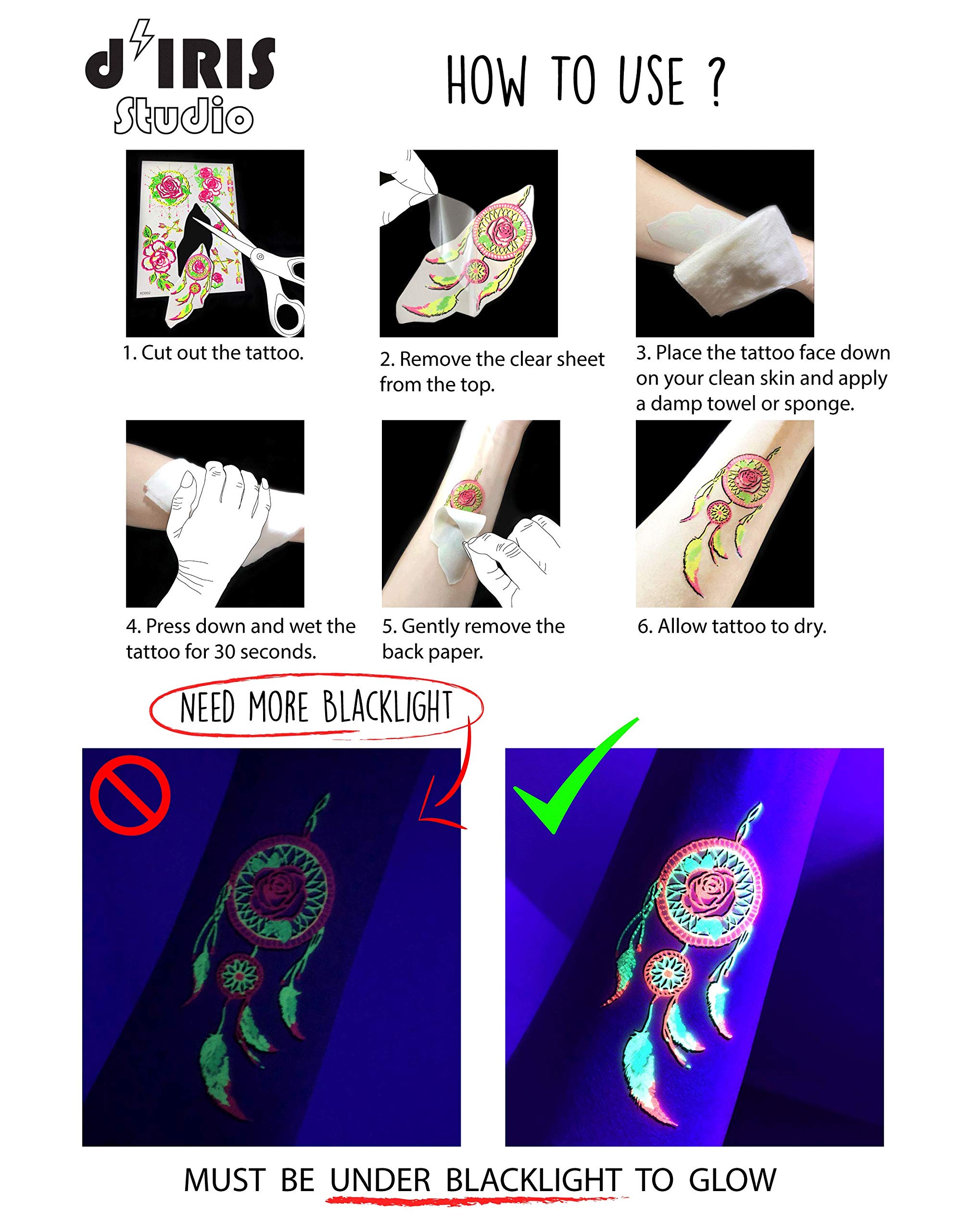 Temporary Tattoos – 3 Sheets Tattoo Design Body Art Blacklight Reactive Light Festival Accessories Glow in the Dark Party Supplies | 7.2” x 5.2” Temp Tattoos Great for EDM EDC Party Rave Parties