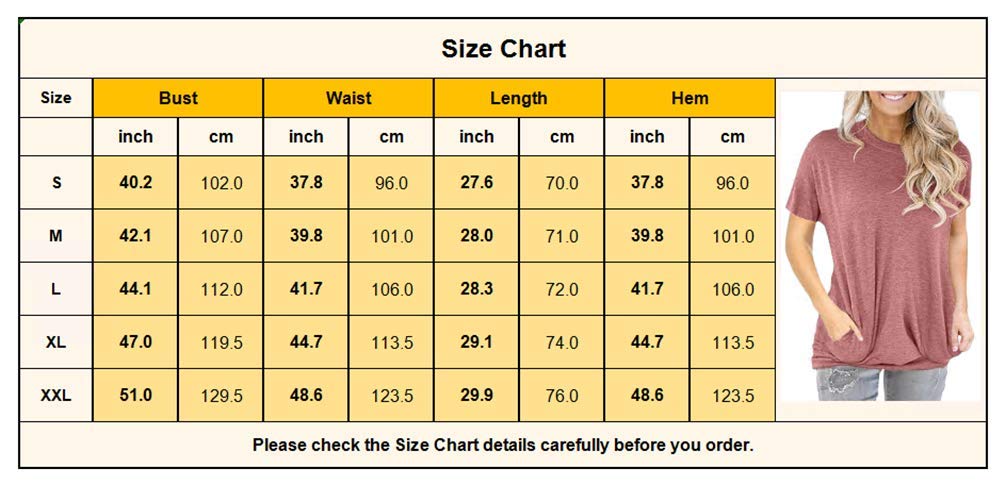 onlypuff Short Sleeve Shirts for Women Pockets Navy Blue Round Neck Tunic Top Solid Color Casual Top M