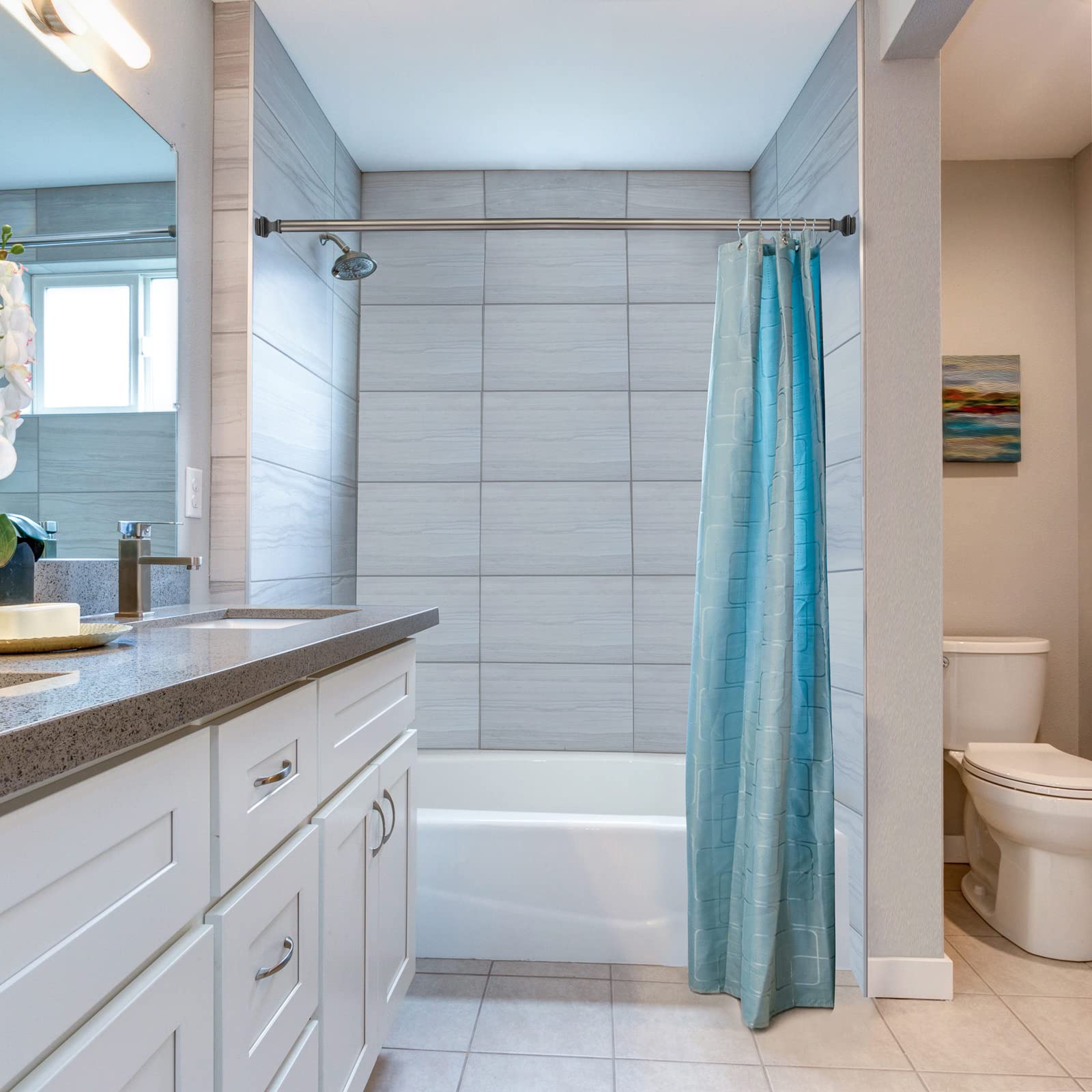 Splash Home Kares Shower Curtain Rod, Adjustable 42" to 72" Inch Non-Slip, Never Rust Spring Tension Curtain Rod, No-Drilling for Bathroom Curtains, Chrome