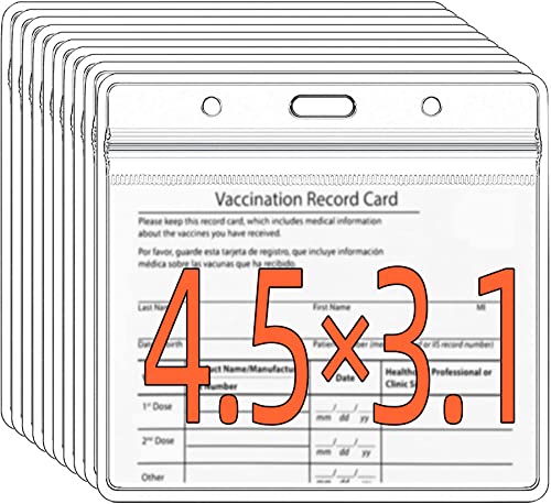 SUIXINFARO Waterproof Card Protector - 10 Pack Plastic ID Holder for Vaccination Clear Sleeves with Hole Slots Lanyards Vax Document Holders Resealable Zip, PVC 4.5''x3.1'', Transparent