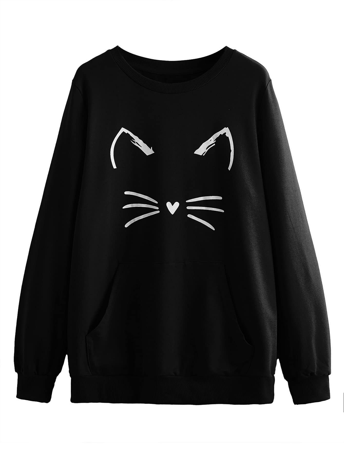 Romwe Women's Cat Print Lightweight Sweatshirt Long Sleeve Casual Pullover Shirt Black Pocket XXL