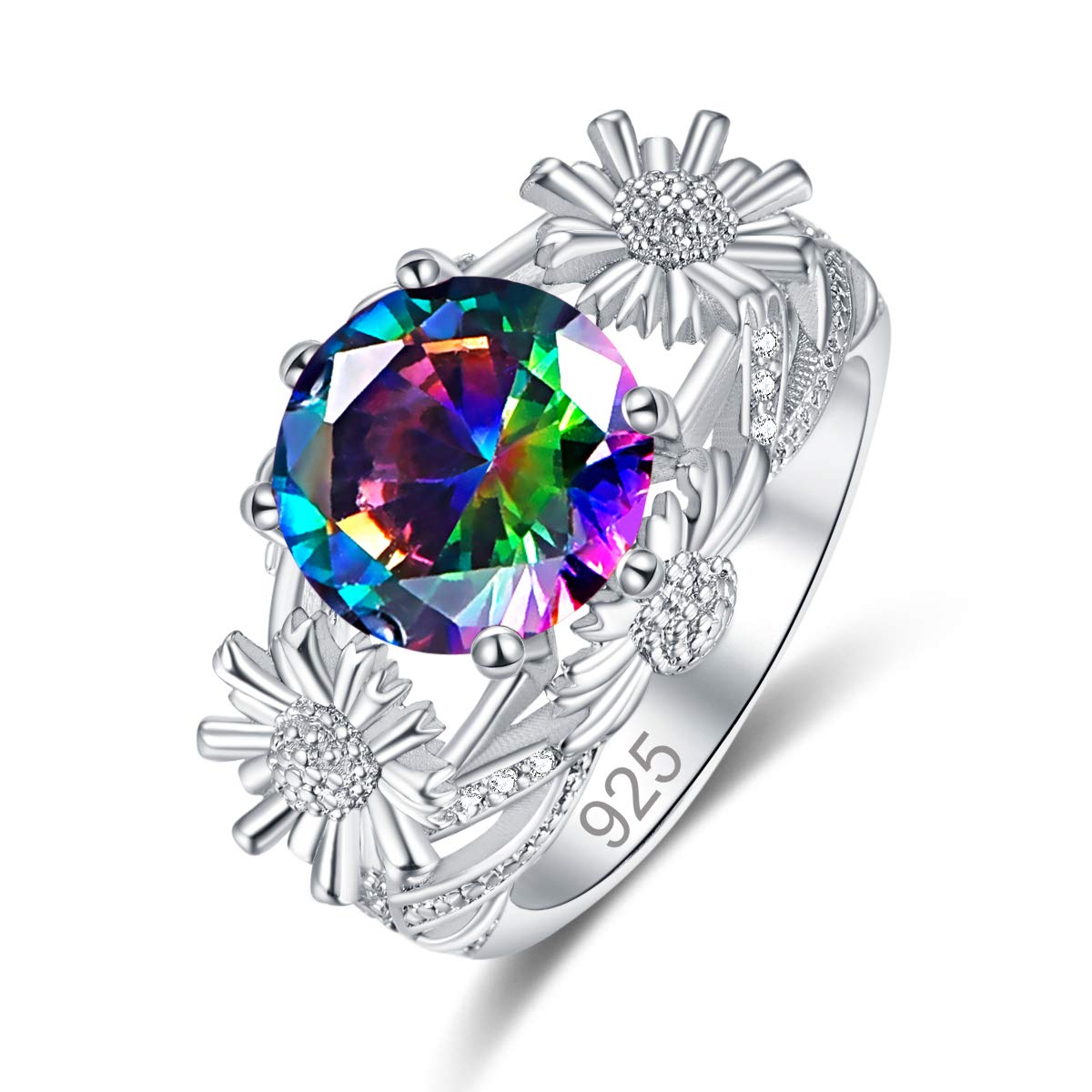 Narica Silver Plated Round Cut Created Rainbow Topaz CZ Cubic Zirconia Filled Eternity Halo Cocktail Wedding Engagement Dainty Sunflower Band Elegant Women's Flower Ring for Mom Bridal Lover 10#