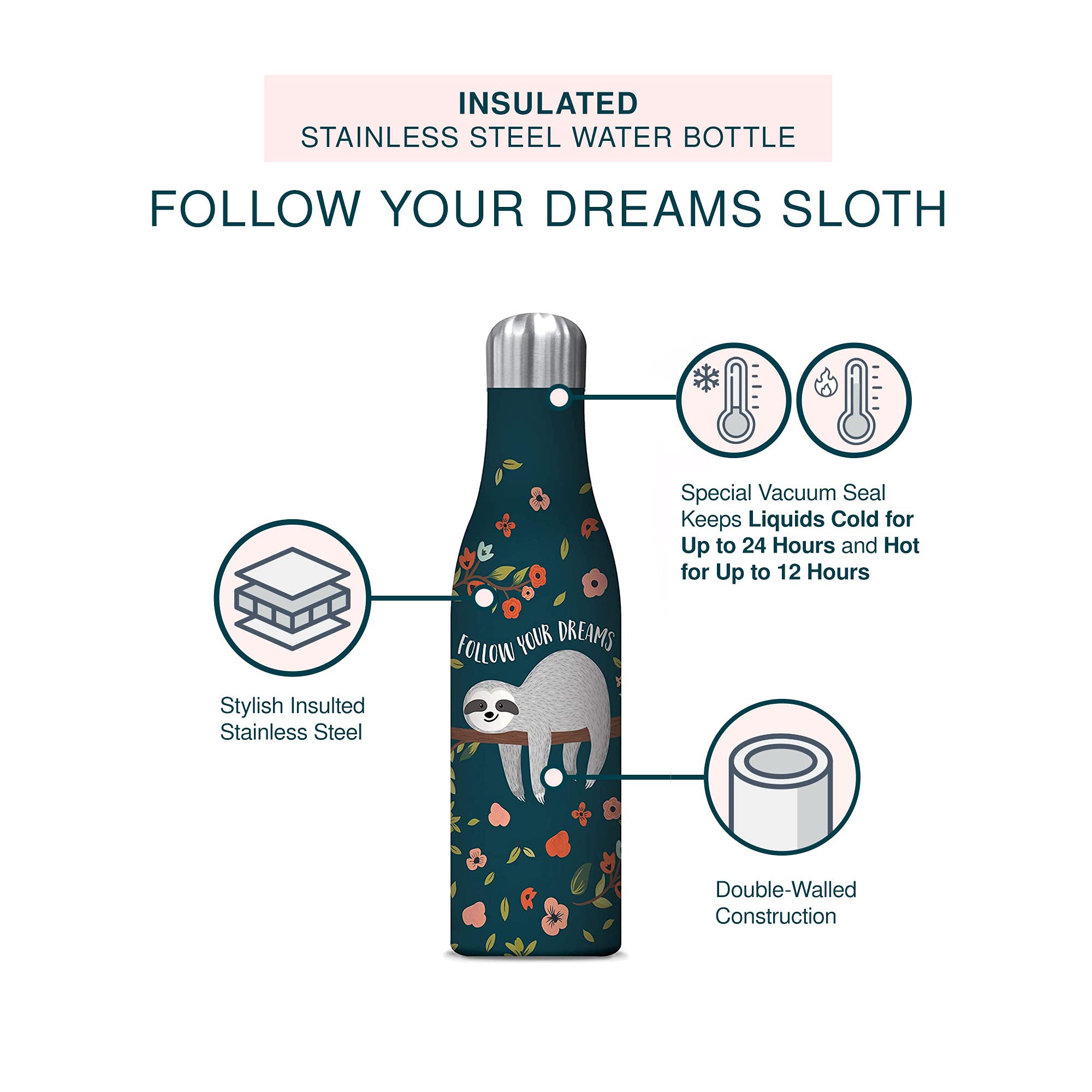 Studio Oh! 17 oz. Insulated Stainless Steel Water Bottle Available in 9 Designs, Follow Your Dreams Sloth