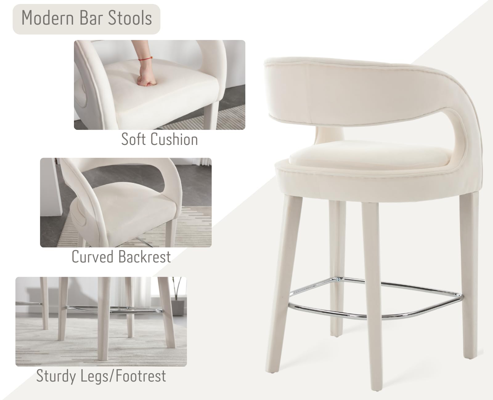 Shunzhi Modern Velvet Counter Height Bar Stools Set of 2 Upholstered Barstools with Barrel Back/Footrest, 26 inch Counter Stools Comfy Kitchen Island Stools Bar Chairs for Home Bar/Pub, Cream