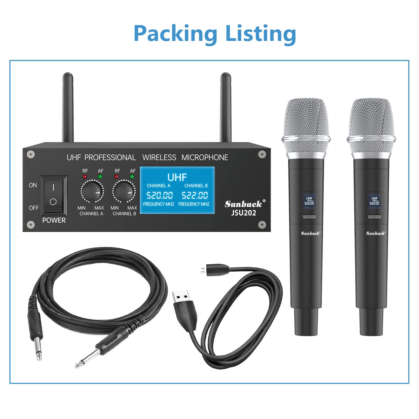 Sunbuck Wireless Microphone System, 2 UHF Cordless Dynamic Mic, Handheld Microphone System, Fixed Frequency,Easy to use, Wireless Microphone Set for Home Karaoke/Wedding/Church/Singing/Party, 280ft