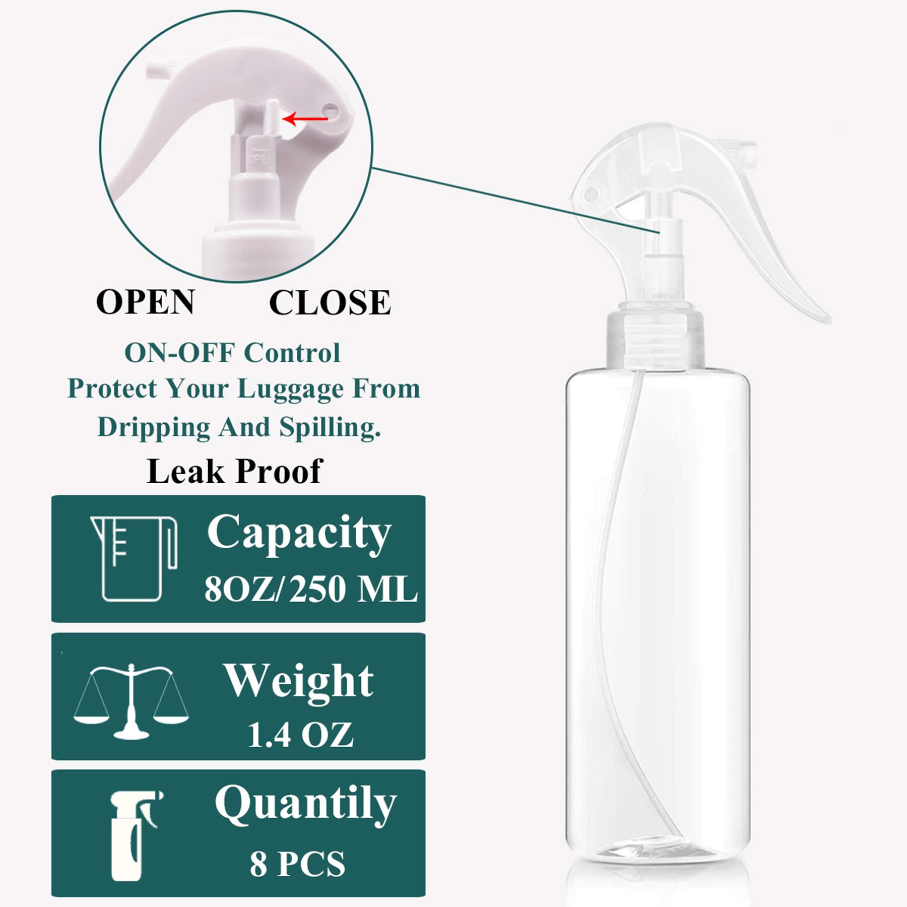 Plastic Empty Spray Bottles 8 oz(8Pack) Clear Hair Mister Spray Bottles Leak Proof Plant Water Spray Bottle Trigger Squirt Bottles for Cleaning Solutions,Essential Oils,Gardening with 2 Funnels