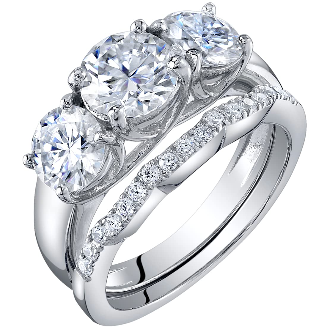 PEORA Moissanite 3-Stone Classic Engagement Ring and Wedding Band Bridal Set in Sterling Silver, 2.75 Carats Total, DE Color, VVS Clarity, Size 6.5