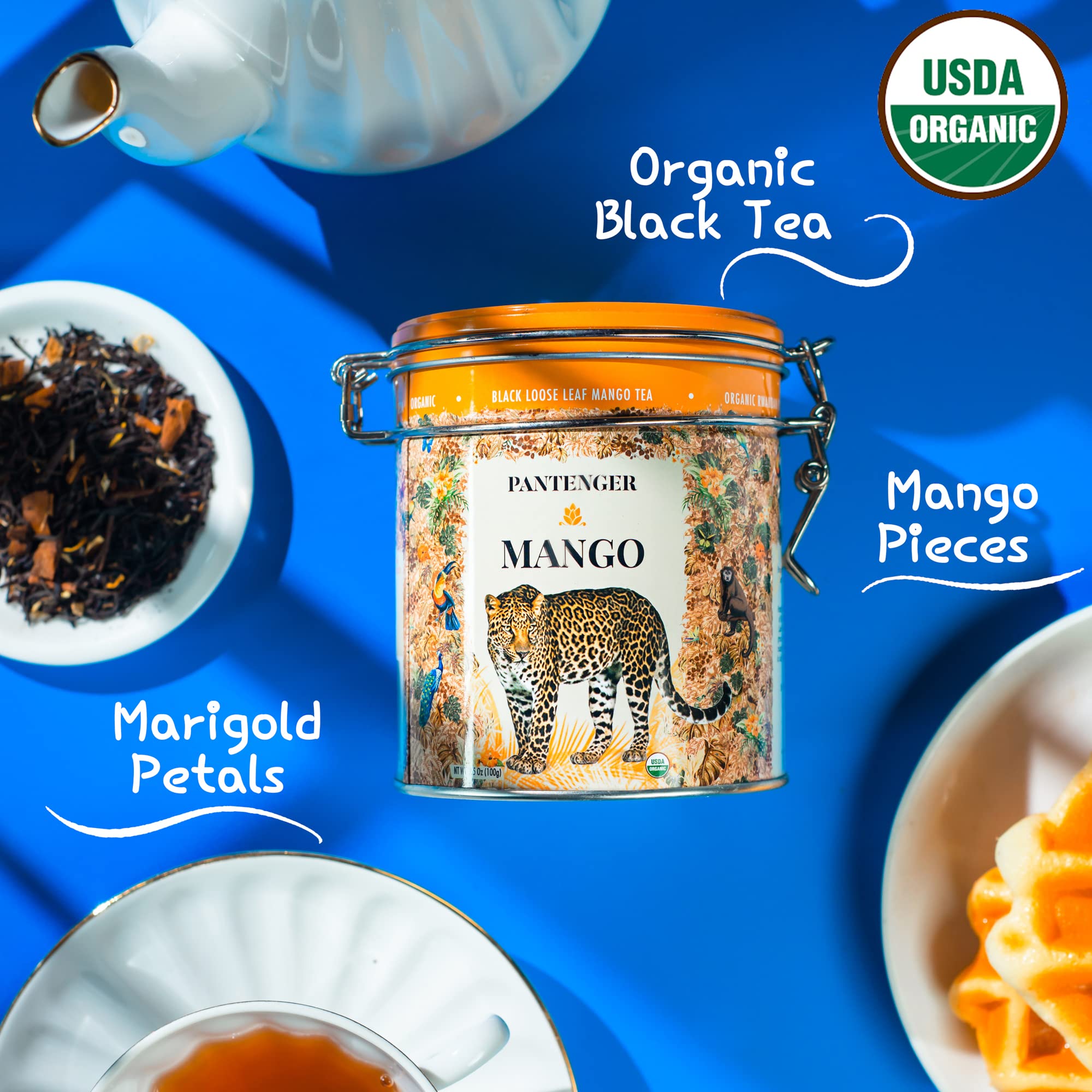 Pantenger Mango Tea Bags. USDA Organic. Black Tea Leaves, Mango Pieces and Marigold Petals. 20 Tea bags.
