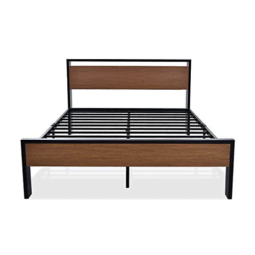 SHA CERLIN 14 Inch Queen Size Metal Platform Bed Frame with Wooden Headboard and Footboard, Mattress Foundation, No Box Spring Needed, Large Under Bed Storage, Light Walnut