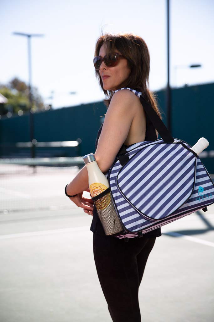 Pik’le’Ball Women's Pickleball Sport Tote Bag - Stylish, Durable Design with Paddle Pocket, Stylish Stripe Blue