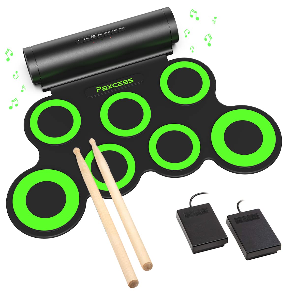 PAXCESS Electronic Drum Set, Roll Up Drum Practice Pad Midi Drum Kit with Headphone Jack Built-in Speaker Drum Pedals Drum Sticks 10 Hours Playtime, Great Holiday Birthday Gift for Kids (Renewed)