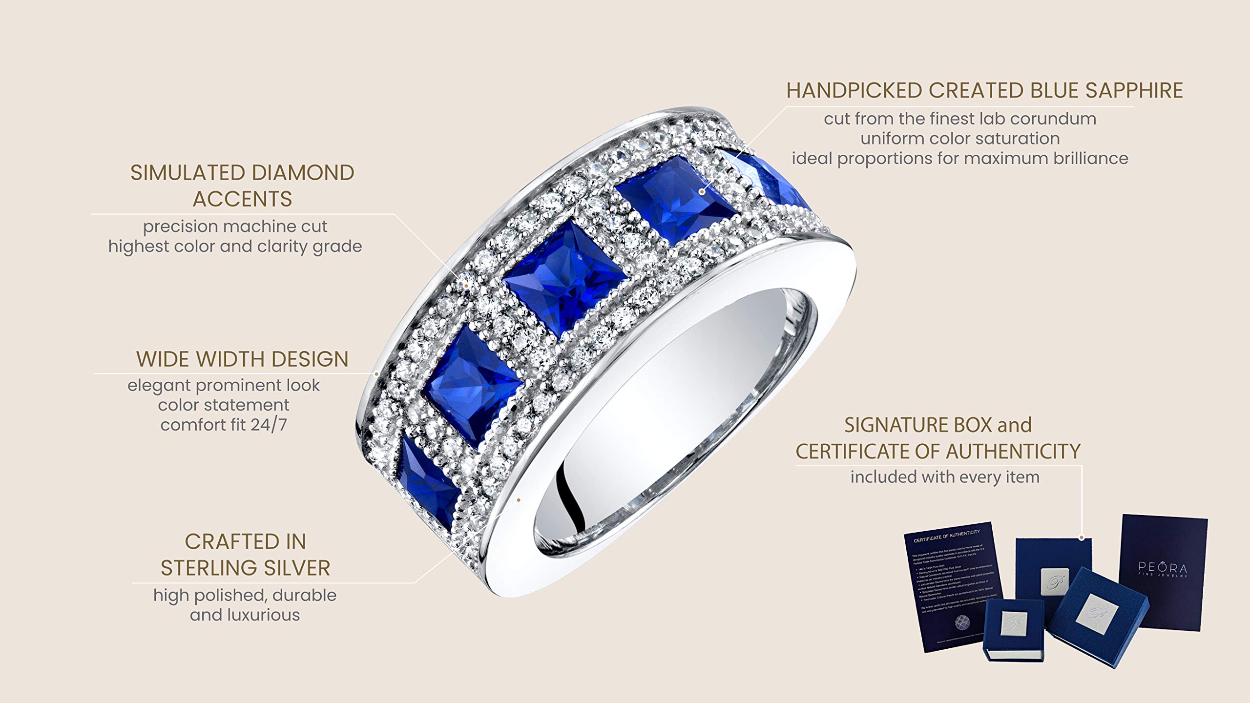 PEORA Sterling Silver Princess Cut Created Sapphire Anniversary Ring Band Wide Width 2 Carats Size 7