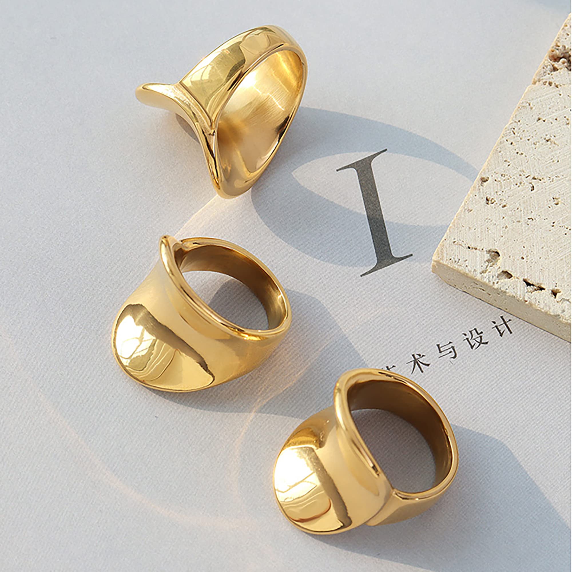 venuspearl Gold Rings Wedding Bands for Women 18K Plated Adjustable Open Ring Statement Jewelry Size 7-8 (Style B Gold)