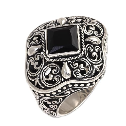 NOVICA Artisan Handmade .925 Sterling Silver Onyx Cocktail Ring Indonesian Black Single Stone Birthstone 'Gothic Realm'