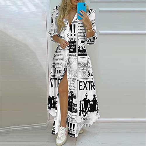 Pinkpaopao Women Button Down Loose Dress Turn Down Neck Long Sleeve Pattern Printing Shirt Maxi Dress