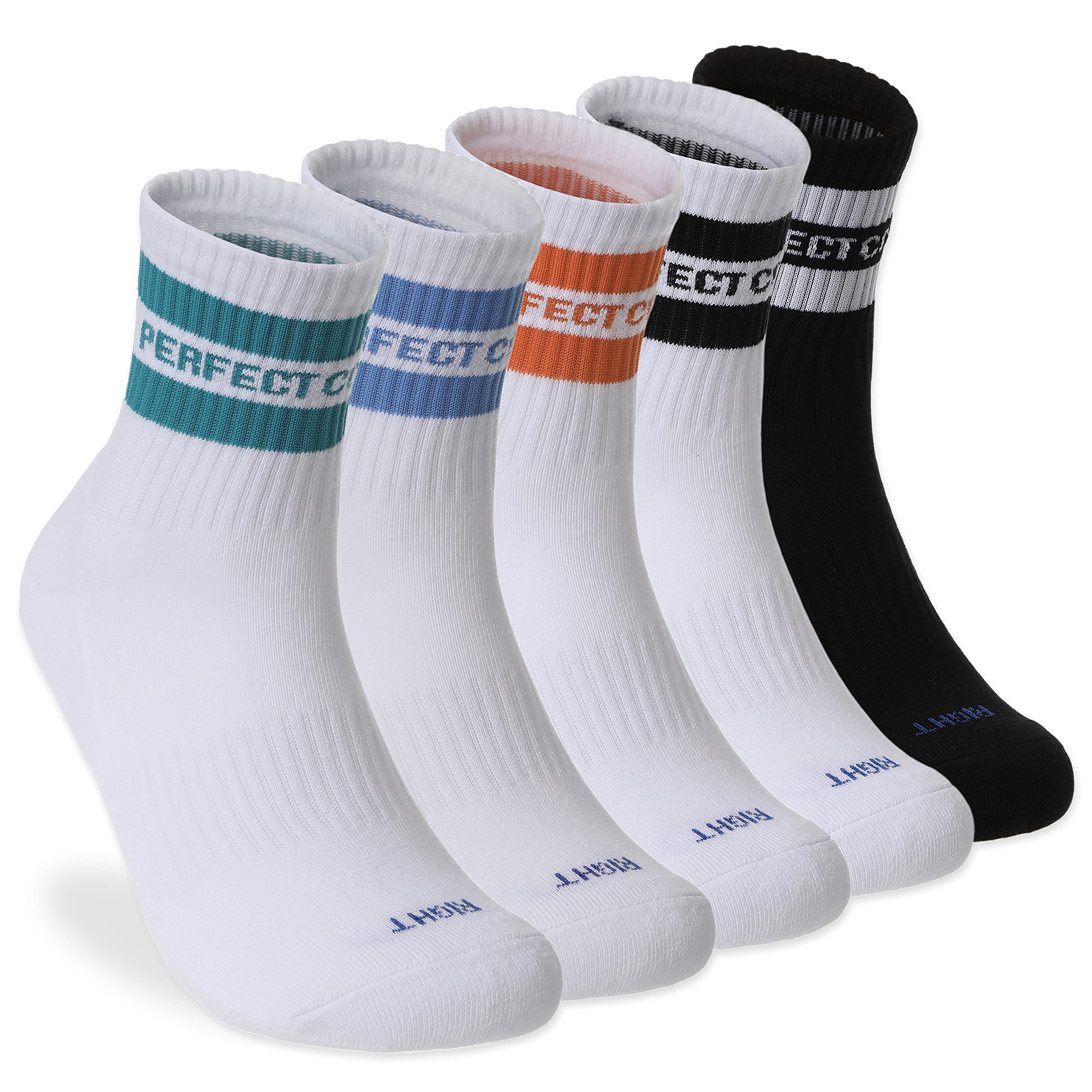 PERFECT CORNER Cotton Cushion Arch Support Training Gym Athletic Quarter Socks for Men and Women 5-Pair (3-Stripe Asst, Large)
